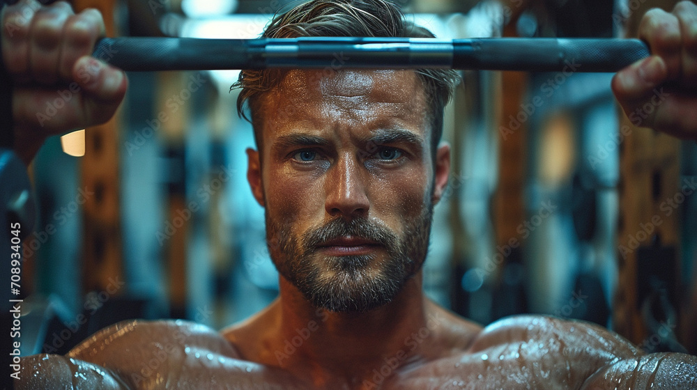 A captivating shot of a dapper and muscular man lifting weights in a ...