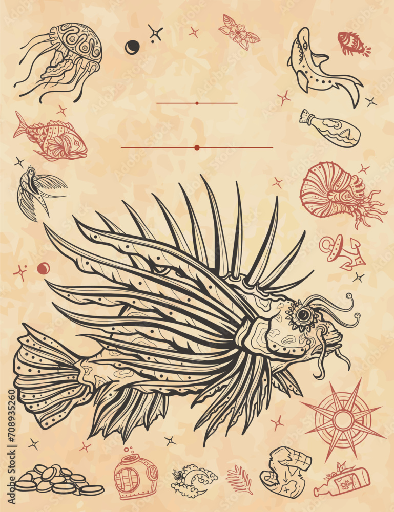 Lion fish. Underwater tropical animals frame. Old paper vector. Cover ...