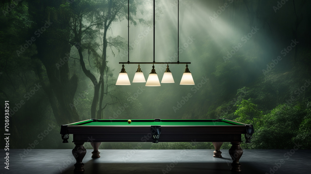 Billiard table against picturesque landscape of serene nature captures ...