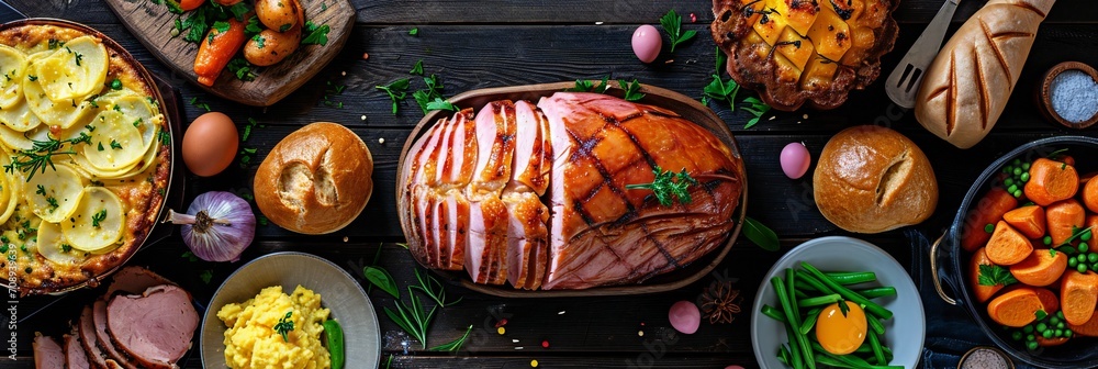 Classic Easter ham dinner. Top view table scene on a dark wood banner ...