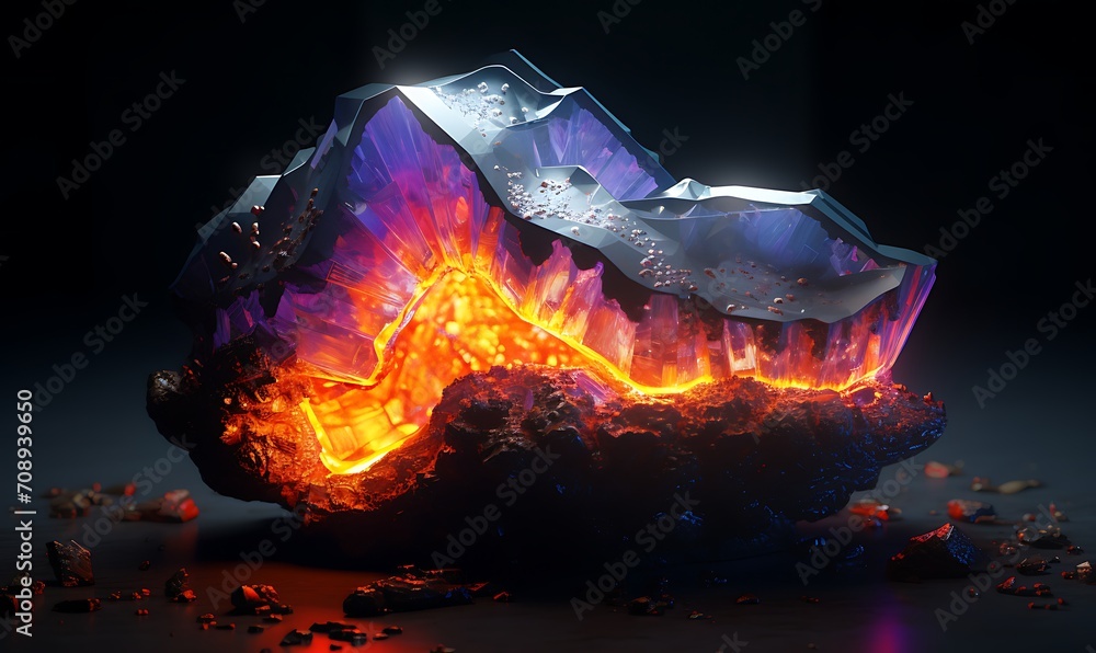 Neon glowing sulphuric 3d realistic crystals in a cracked geode ...