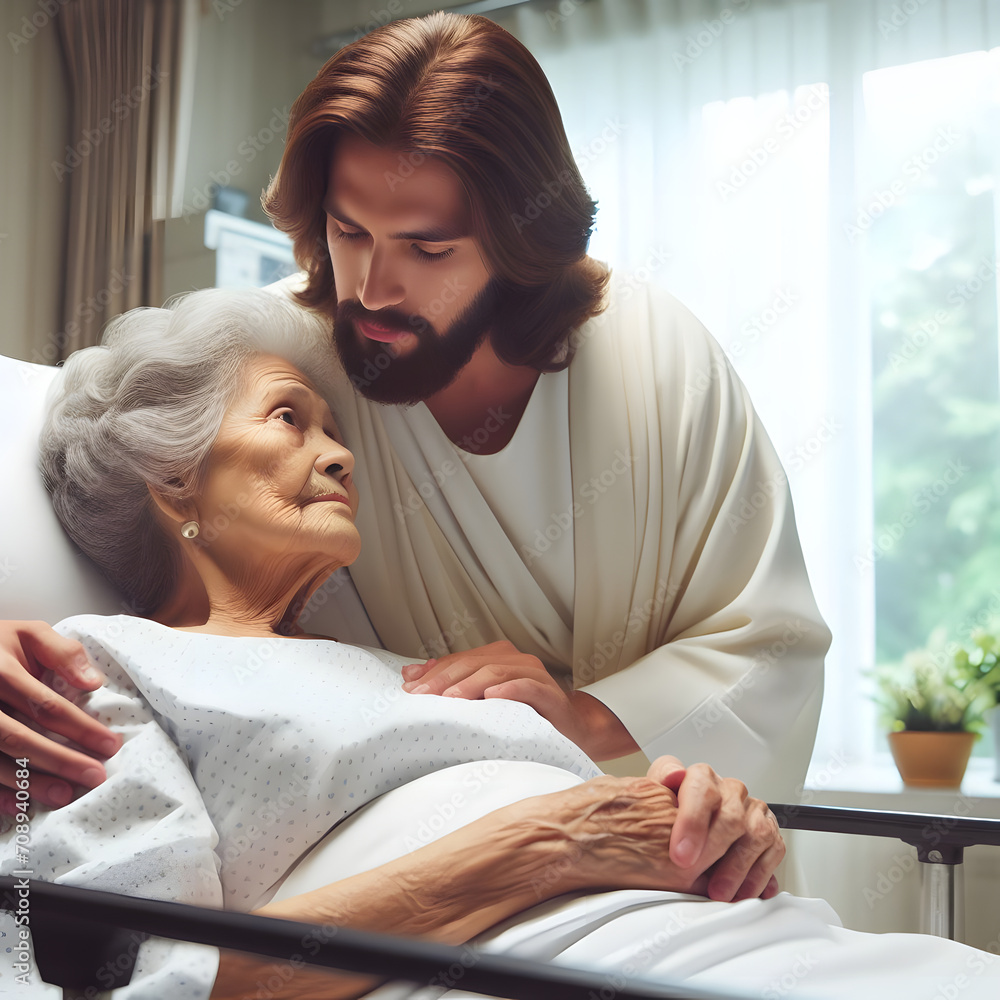 Jesus comforting old person at death bed. Concept of heaven coming ...