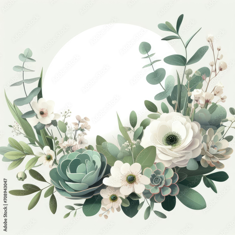 Floral border frame in shape circle with white copy space background ...