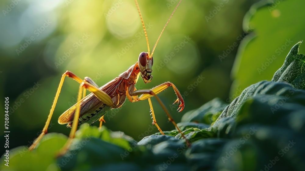 a close - up of a praying mantissa on a green leafy plant with sunlight ...