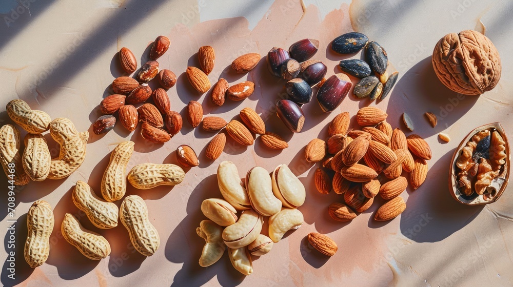 a variety of nuts and nutshells laid out on top of a piece of pink ...