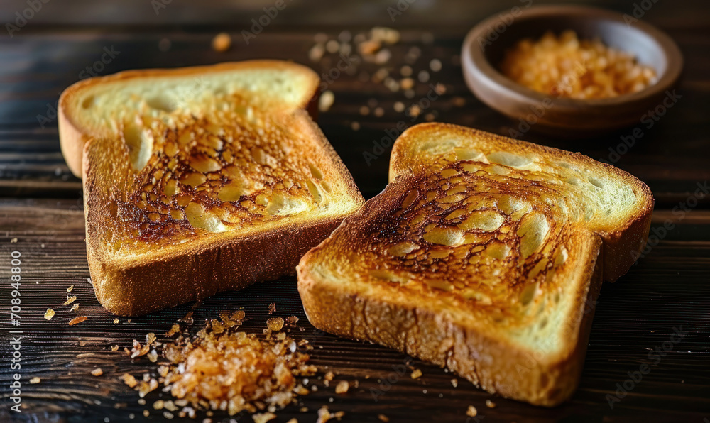 Two slices of perfectly toasted golden-brown bread on a dark wooden ...