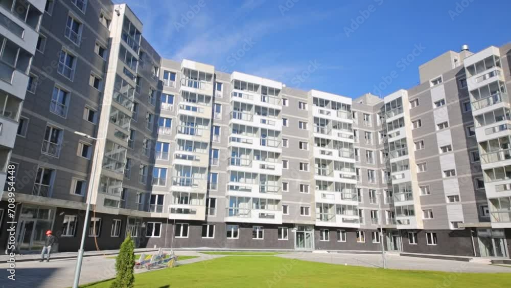 Grey apartment building in new residential complex in Moscow Stock ...