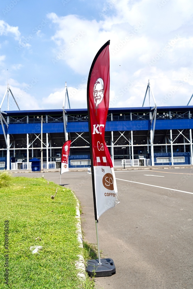 KFC sign , KFC restaurant logo on facade. Portrait of Colonel Sanders ...