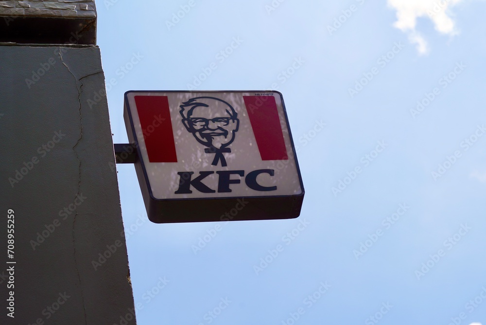 KFC sign , KFC restaurant logo on facade. Portrait of Colonel Sanders ...