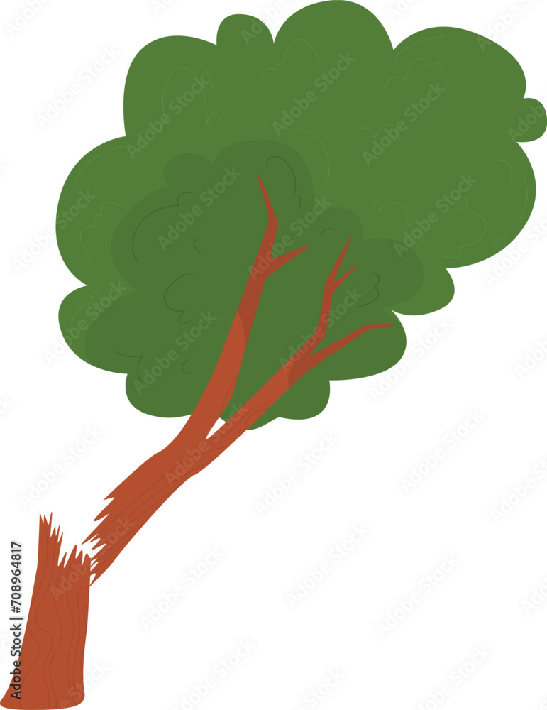 Cartoon broken tree with large green foliage. Environmental damage and ...