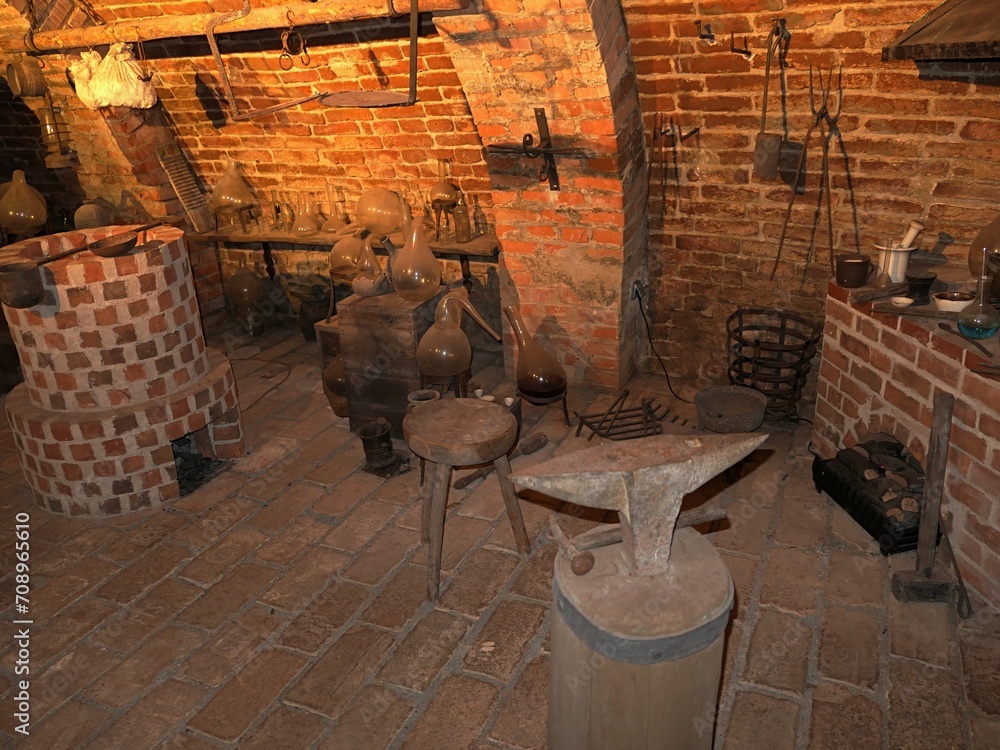 Alchemist laboratory with various retorts, anvil and furnace, flasks ...
