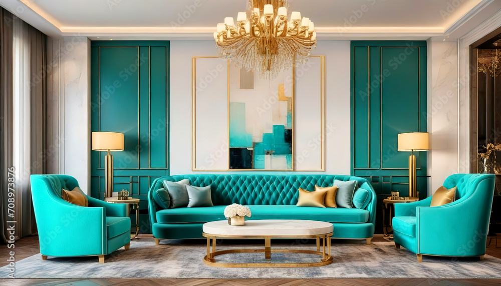 Turquoise sofas in luxury room. Art Deco style interior design of ...