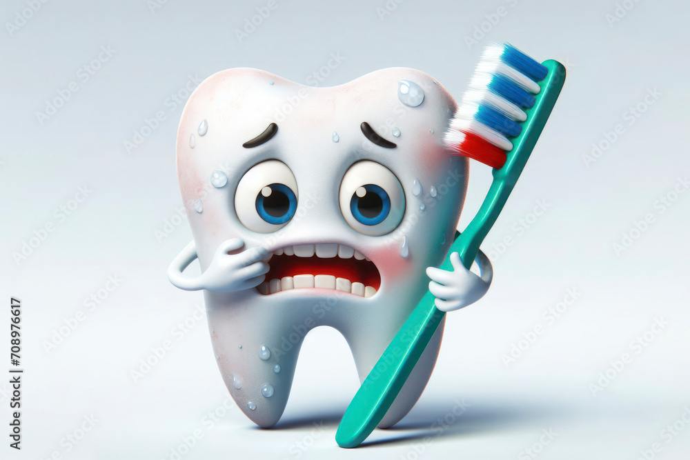 scared dirty tooth afraid of toothbrush 3d tooth character Isolated on ...