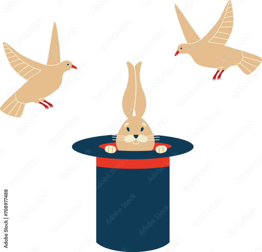Vecteur Stock Cute brown rabbit in magician s hat with flying doves ...