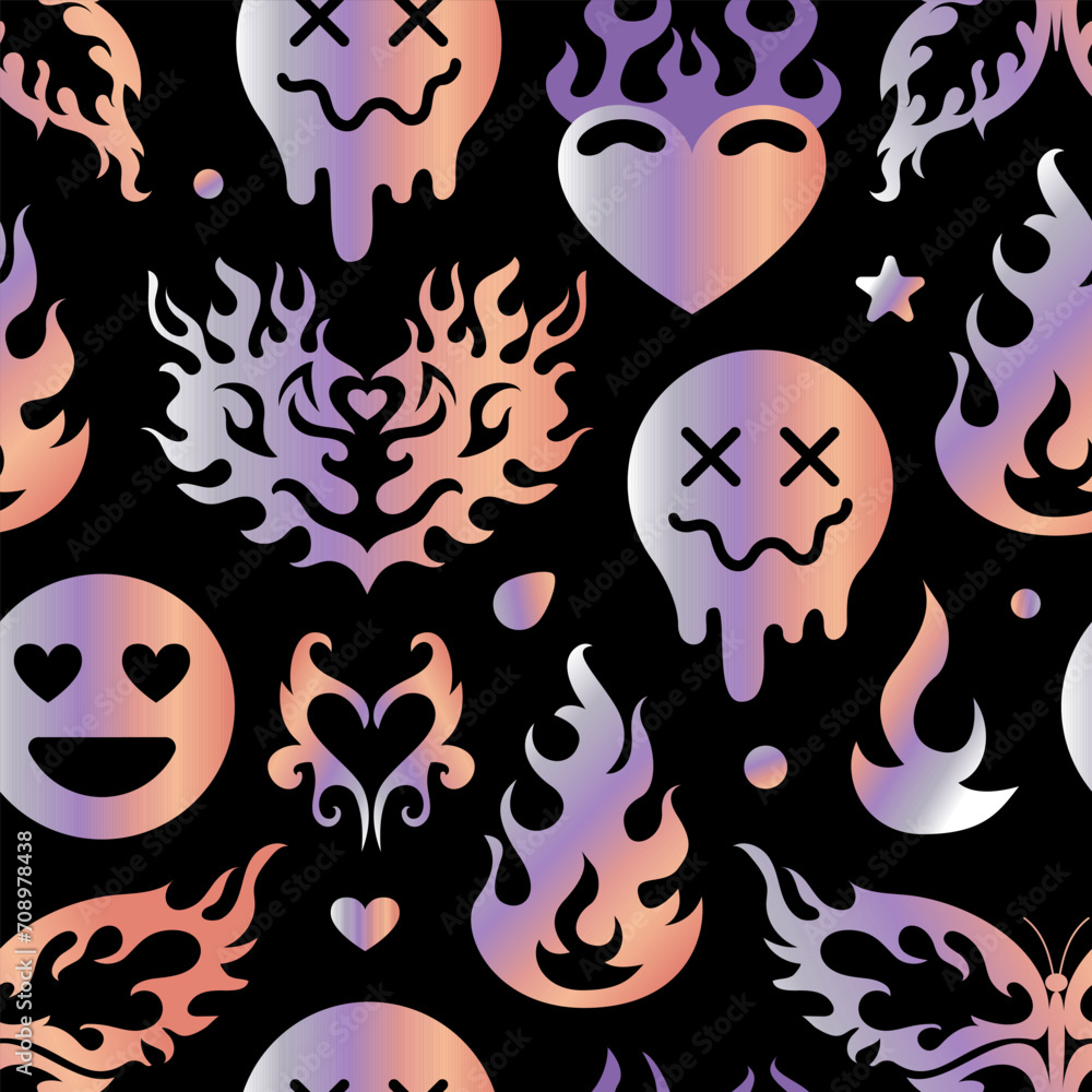 Metallic holographic Y2k sticker, Valentines Day. Seamless pattern ...