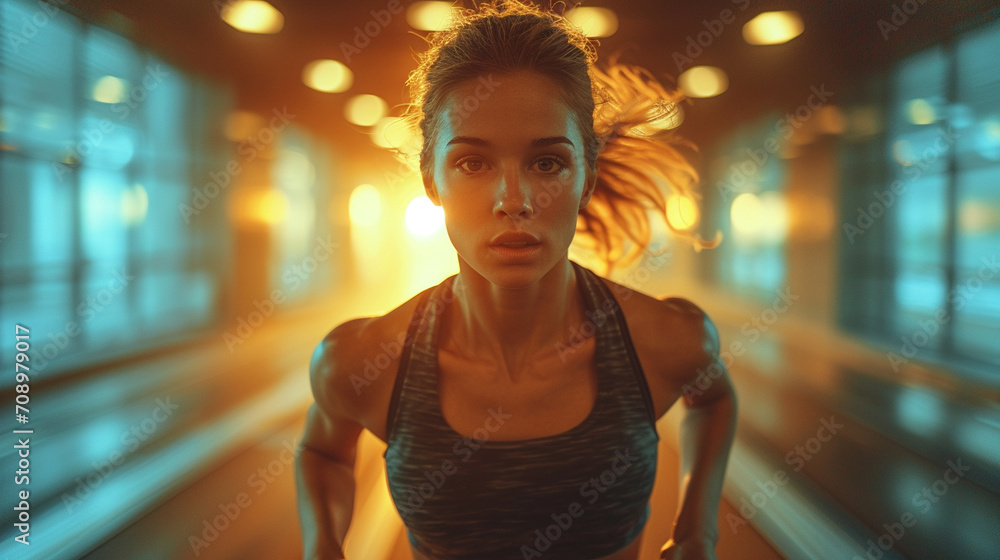 An artistic capture of a toned athlete running on a treadmill, with ...