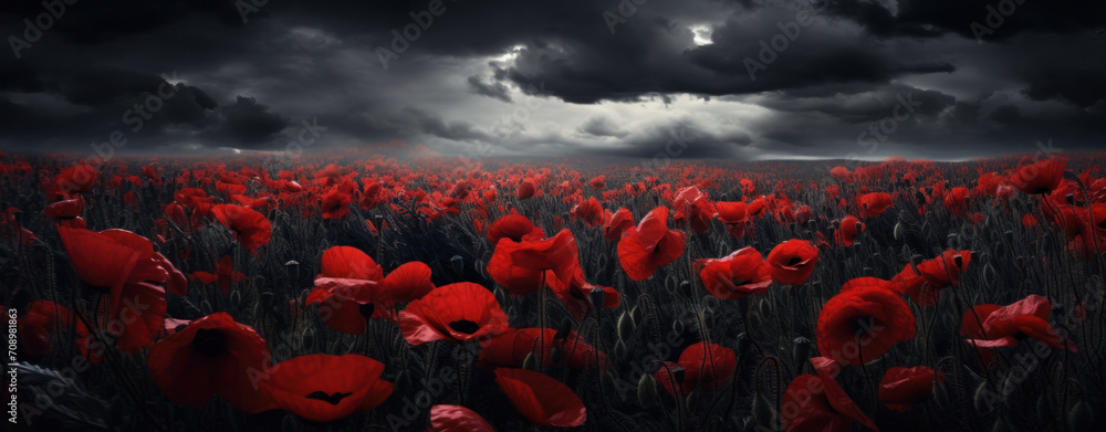 A poignant field of red poppies stands bold against a brooding sky ...
