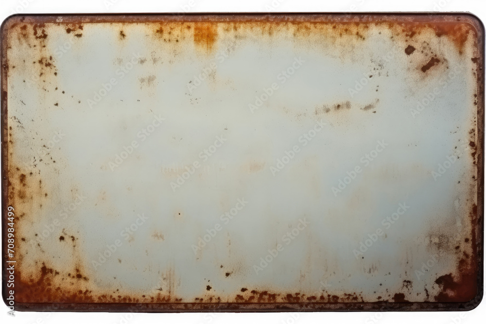 Rusty metal sign with a white background and a brown border. Suitable ...