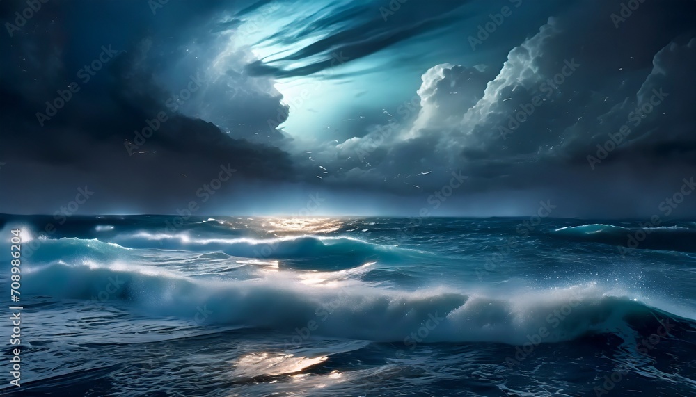 storm with dark clouds at night over the water of the ocean with waves ...