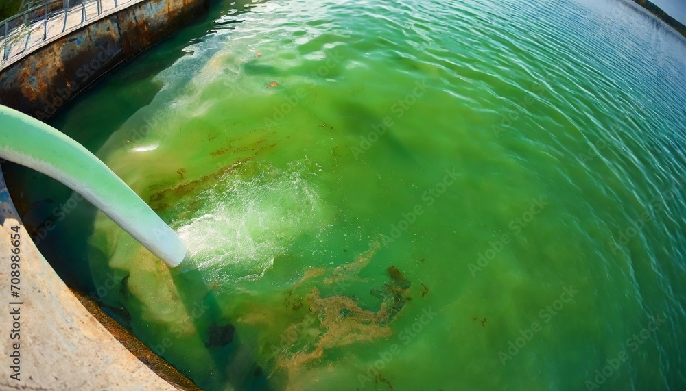 dirty green chemical polluted water flows into the river the lake the ...