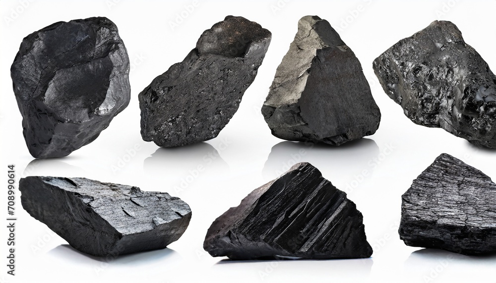 black coal stones set on white background isolated close up natural ...