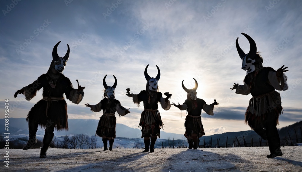 silhouettes of several demons from the bulgarian folk tradition kukeri ...