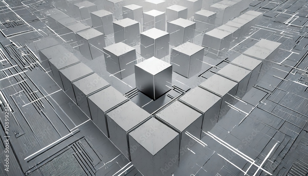 hi tech square blocks are collected in a cubic array against the background of information ...