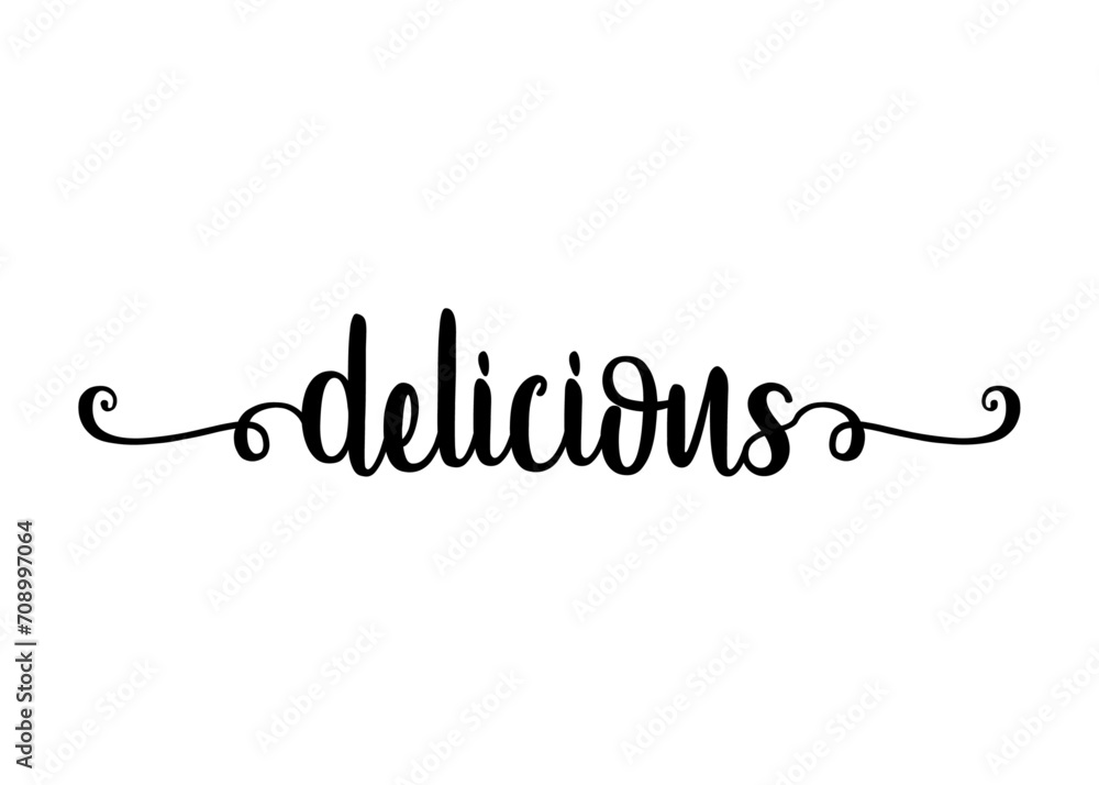 Logo con palabra en texto manuscrito delicious con raya de decoración ...