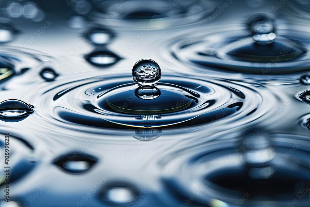 This close-up photo captures a single water drop in a serene pool ...