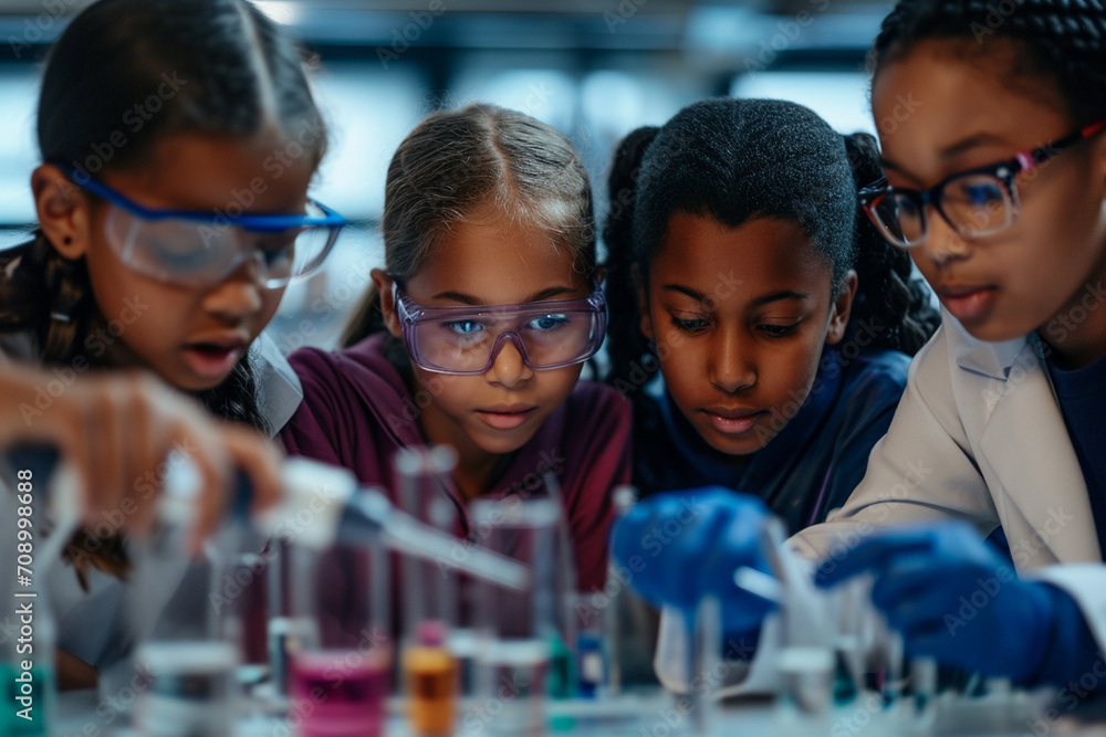 Group of passionate young students engaged in a fun, educational science project at their school ...