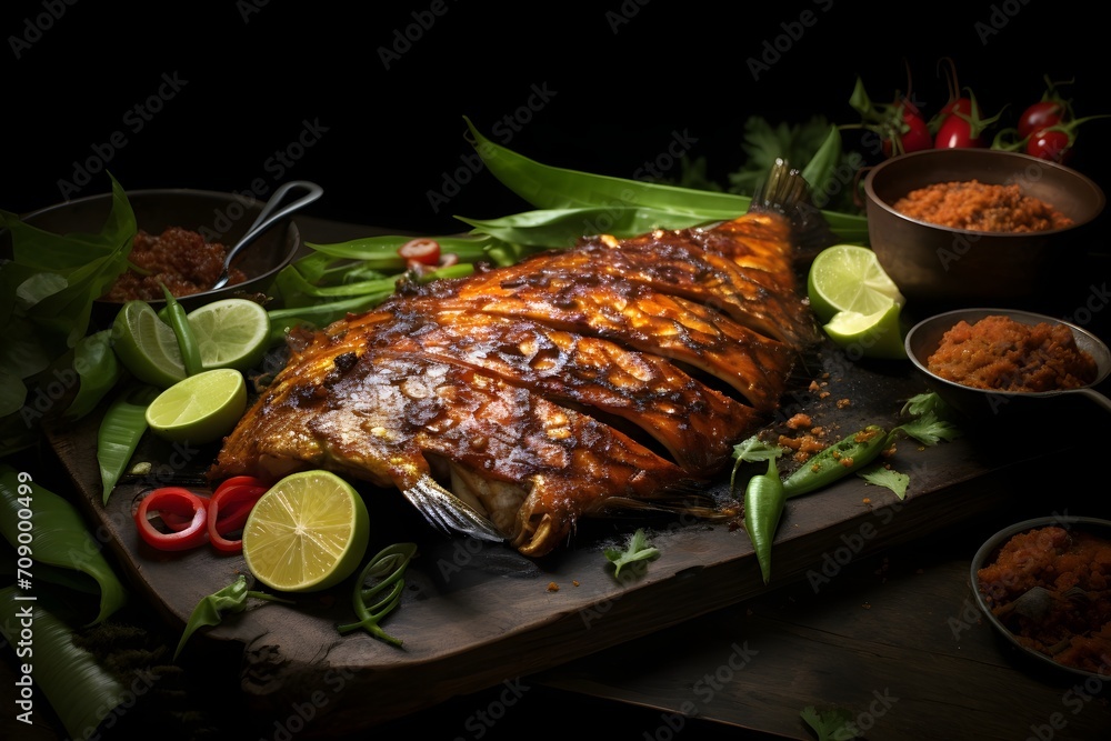 Ikan Bakar, grilled fish marinated in a flavorful spice paste, a ...