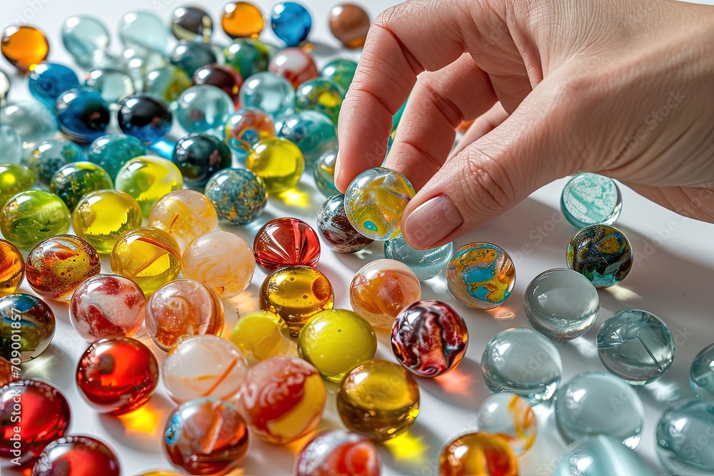Person picking from an assortment of colorful marbles arranged on a ...