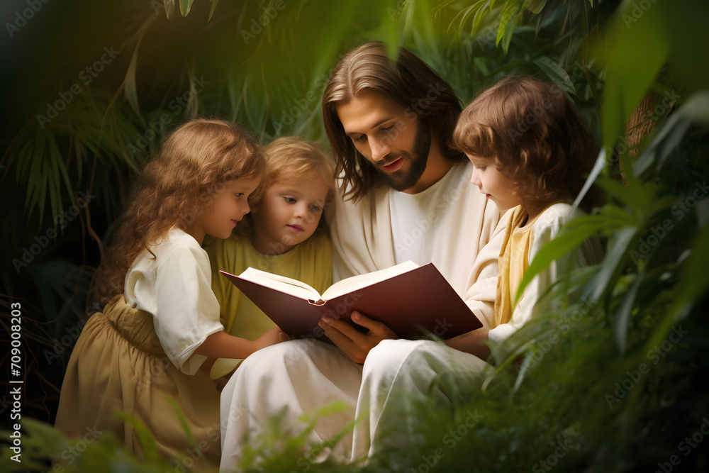 Jesus Christ and children reading book in the garden Stock Photo ...