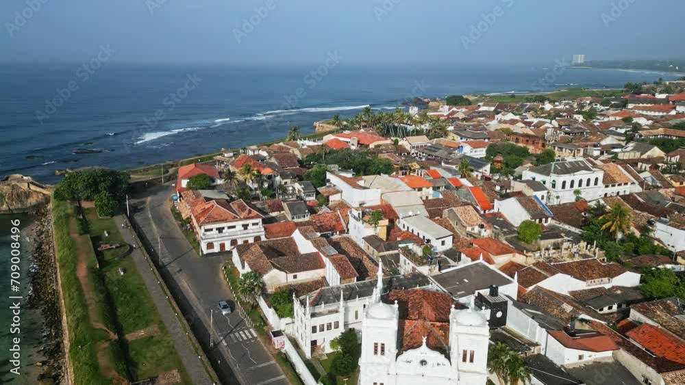 Drone footage of Galle Fort, coastal heritage site in Sri Lanka. Aerial ...
