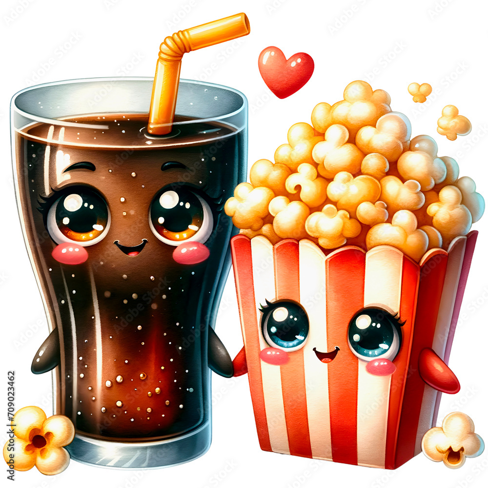 Cute cola and popcorn couple valentine watercolor clipart with ...