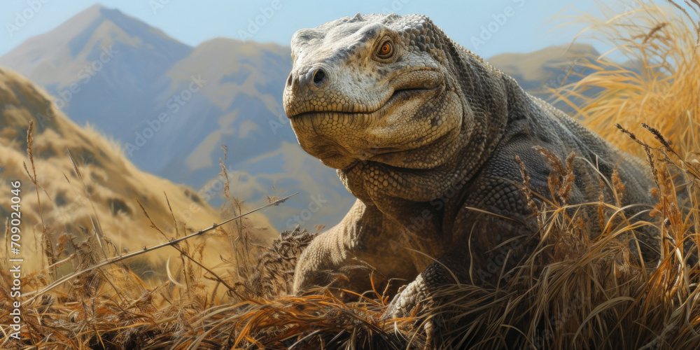 Komodo dragon against mountains, portrait of big monitor lizard close ...