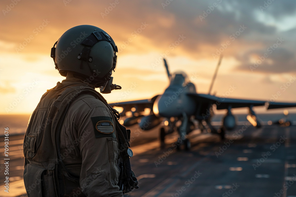 Military fighter pilot. Military pilot and aircraft at the airfield in ...
