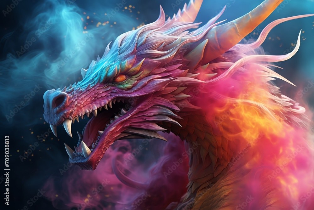 Smoke dragon. Vivid, swirling smoke forms a colossal dragon. Vibrant ...