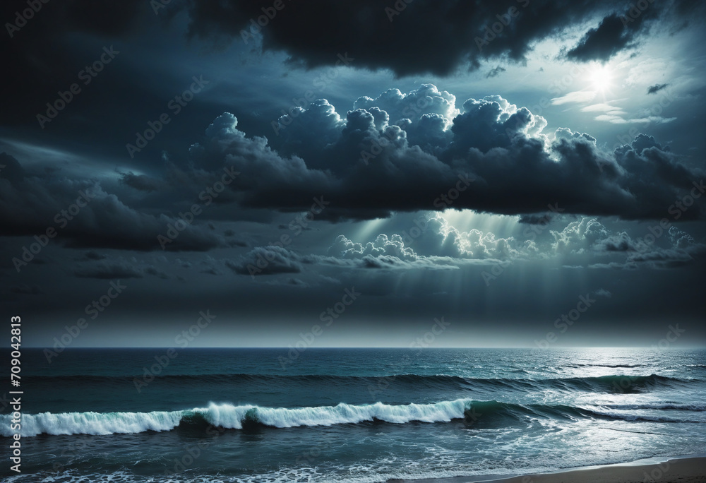 horror black blue sky, sea haunted cloud, scary ocean, depression ...