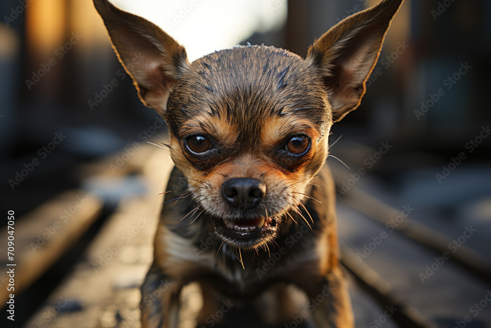 angry aggressive dirty small dog growls at the viewer, evil look and ...