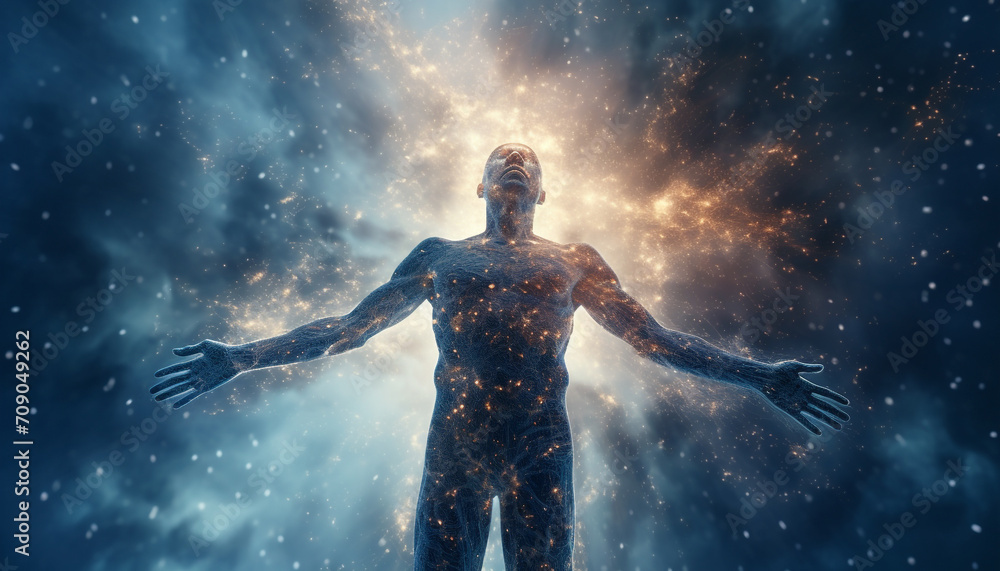 Human body made from atoms and particles spread in the air, daylight ...