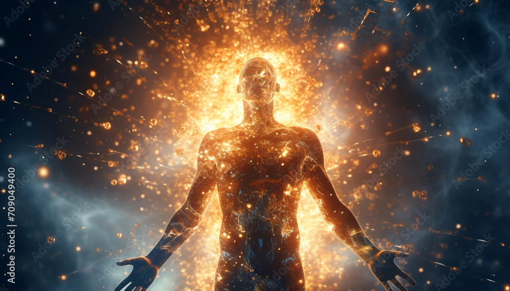 Human body made from atoms and particles spread in the air, daylight ...