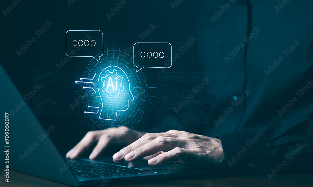 Chat with AI or Artificial Intelligence technology. Man using laptop computer chatting with an ...