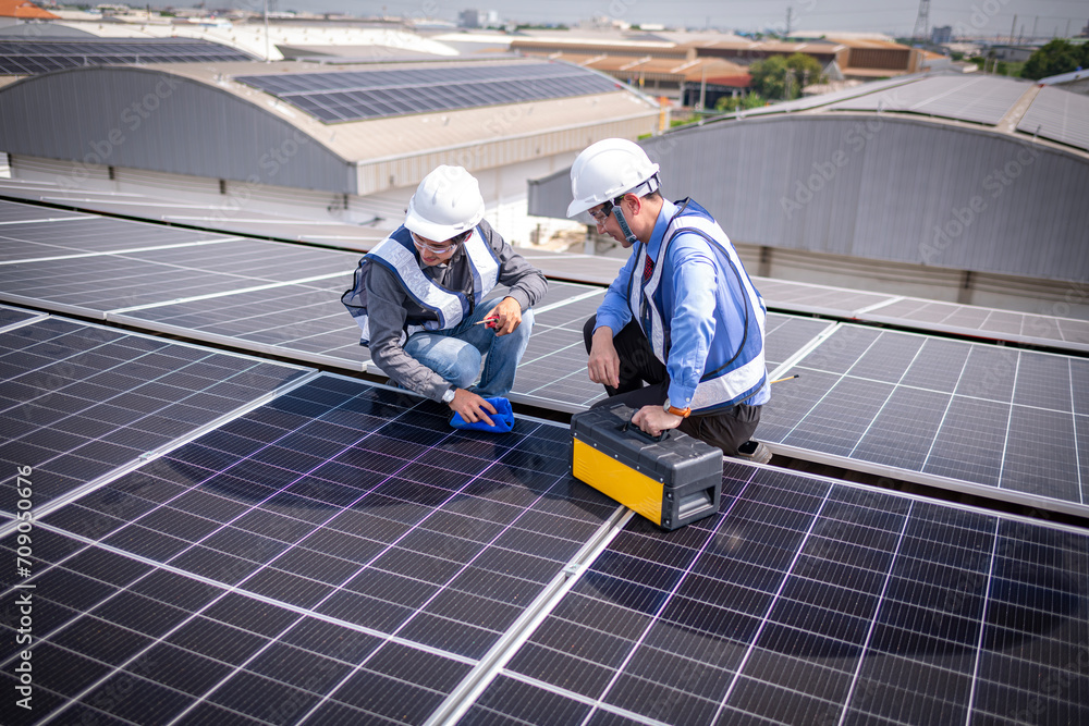 Engineers walking on roof inspect and check solar cell panel by hold ...