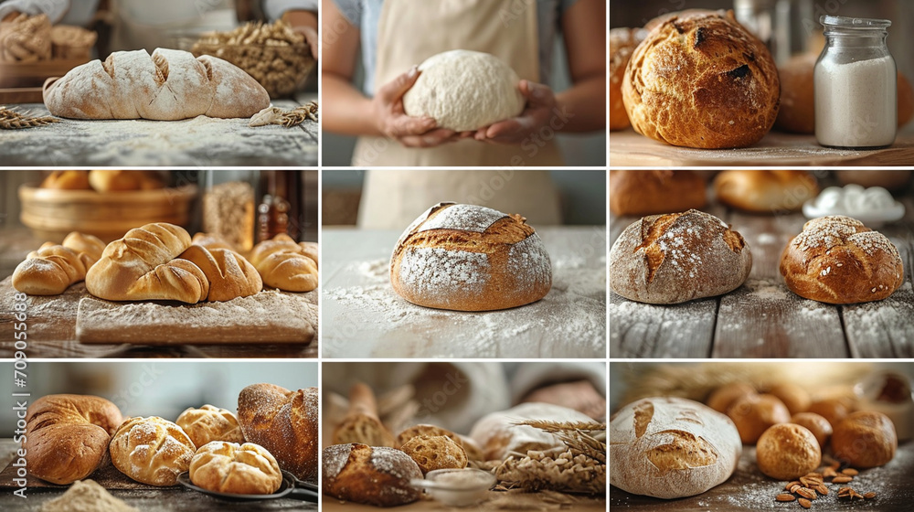 A visually appealing montage of various stages of bread-making, from ...