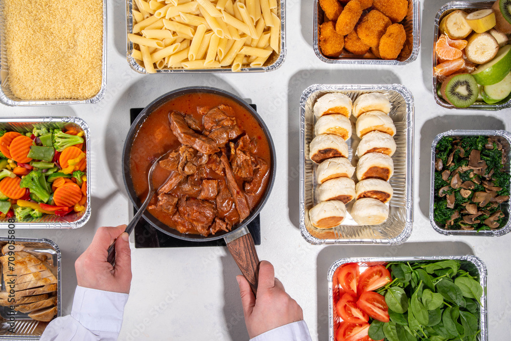 Batch Cooking Meal Prep concept. Several types of side dishes: cereals ...