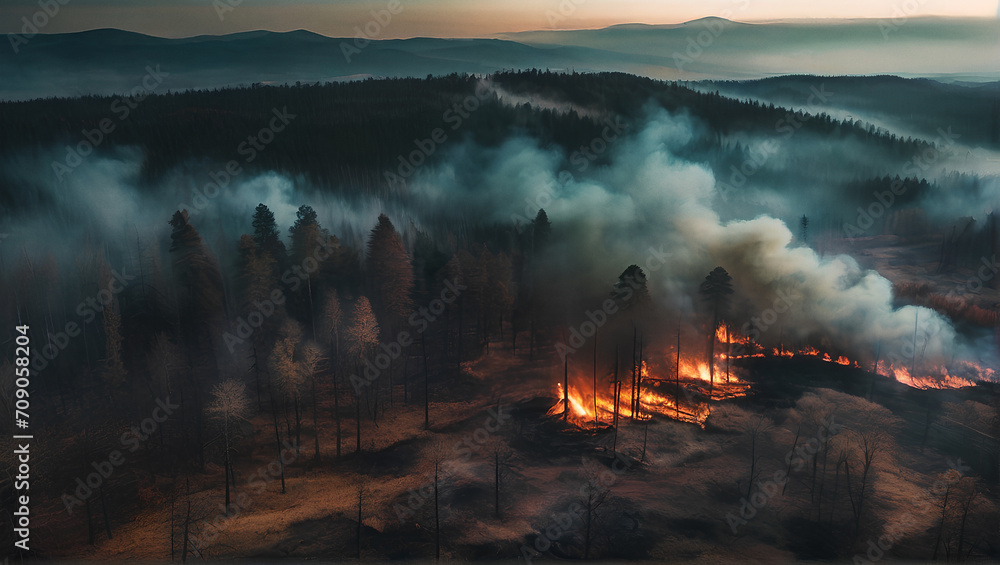 Illustration of a forest fire disaster, with trees ablaze at night ...