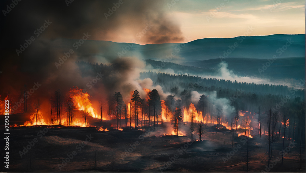 Illustration of a forest fire disaster, with trees ablaze at night ...