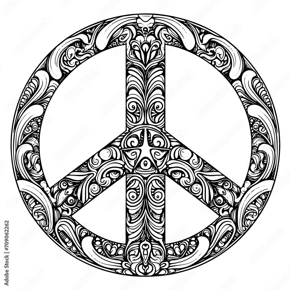 Hippie vintage peace symbol in zentangle style for adult anti stress ...