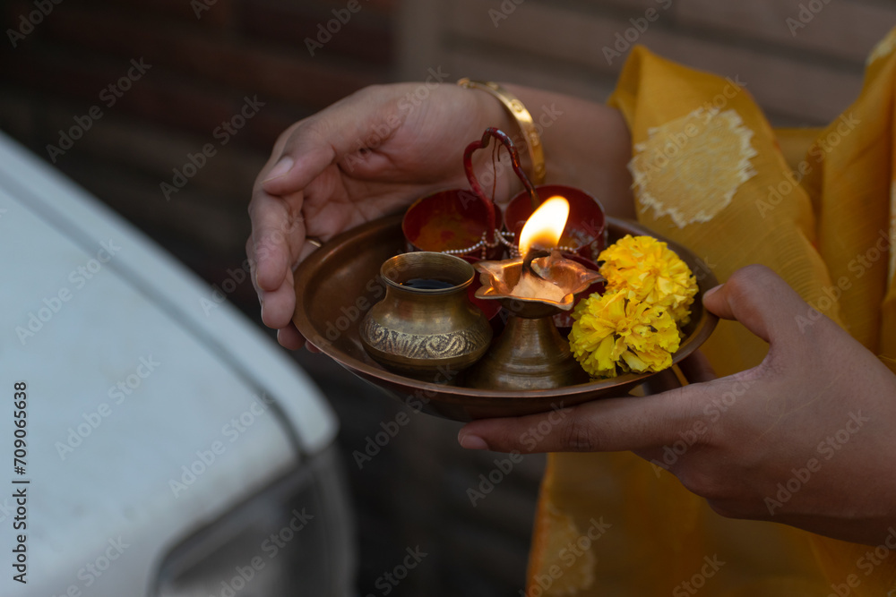 Indian Hindu Pooja thali during a festival or marriage. Kumkum, haldi ...
